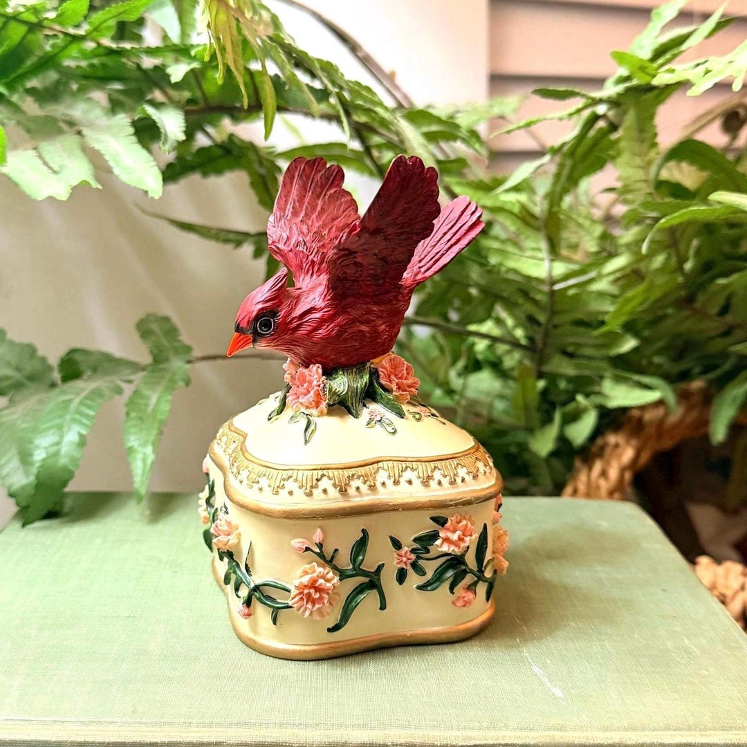 Vintage Red Cardinal Resin Porcelain Music Trinket Box With Lid, Plays ...