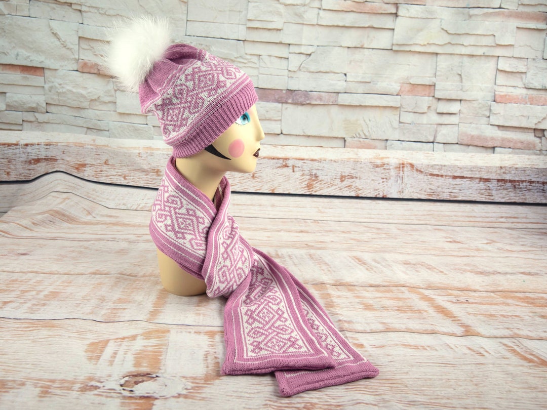 Handknit Scarf & Beanie With Real Fur Pom Reversible Hat Set in Fair ...