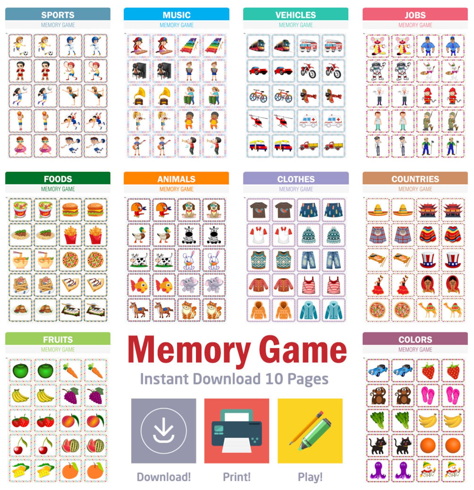 Printable Memory Game Set for Kids | Download, Print and Play! - Etsy