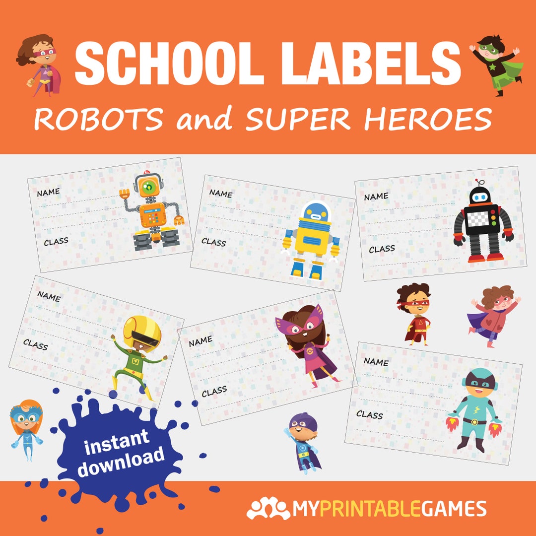 School Book Labels for Kids: Robots & Superheroes Themed | Download ...