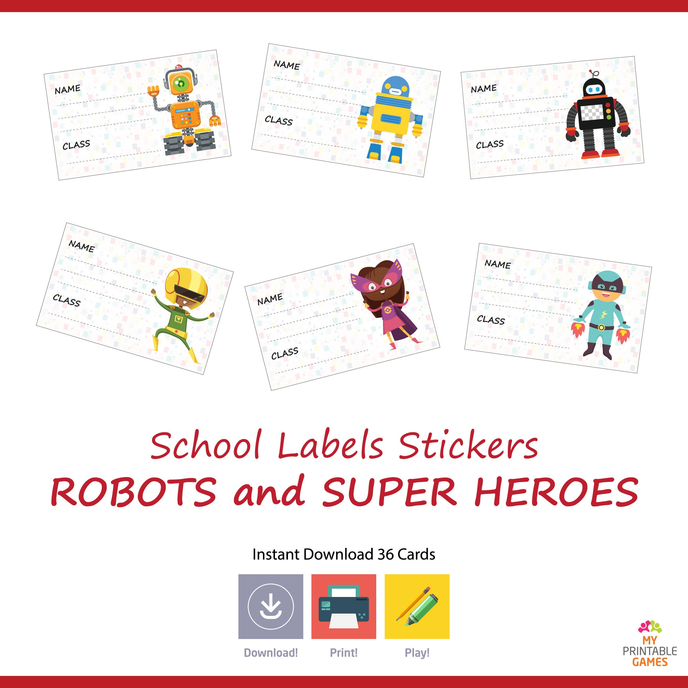 School Book Labels for Kids: Robots & Superheroes Themed | Download ...