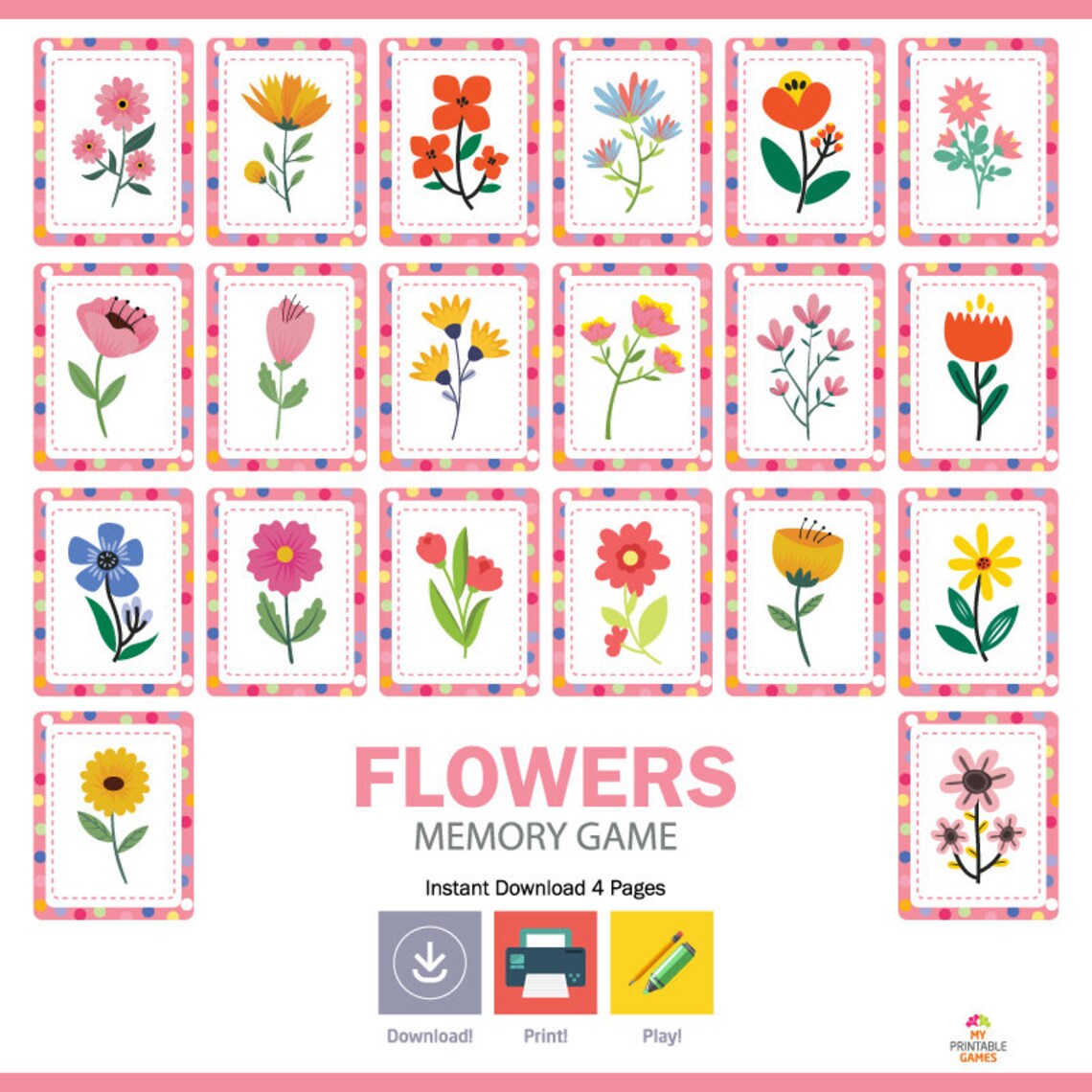 Printable Flowers Memory Game Set for Kids | Download, Print and Play ...