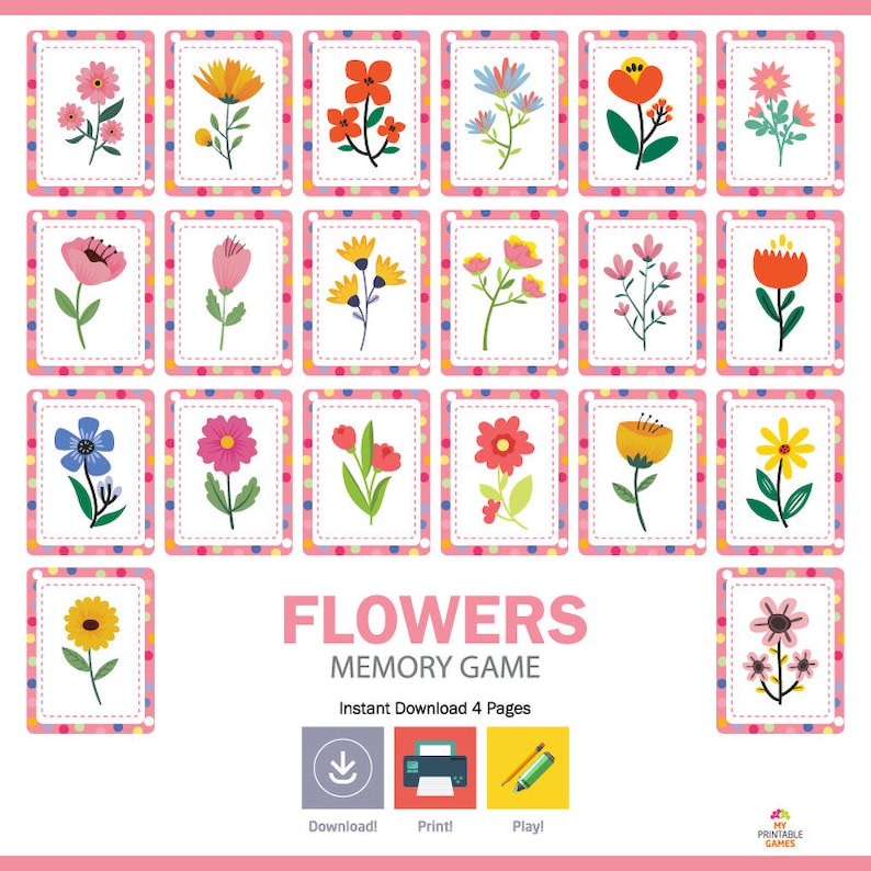 Printable Flowers Memory Game Set for Kids | Download, Print and Play ...