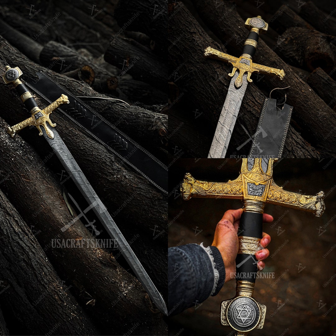 Hand Forged Damascus Steel King Solomon Crusader Sword Star of David ...