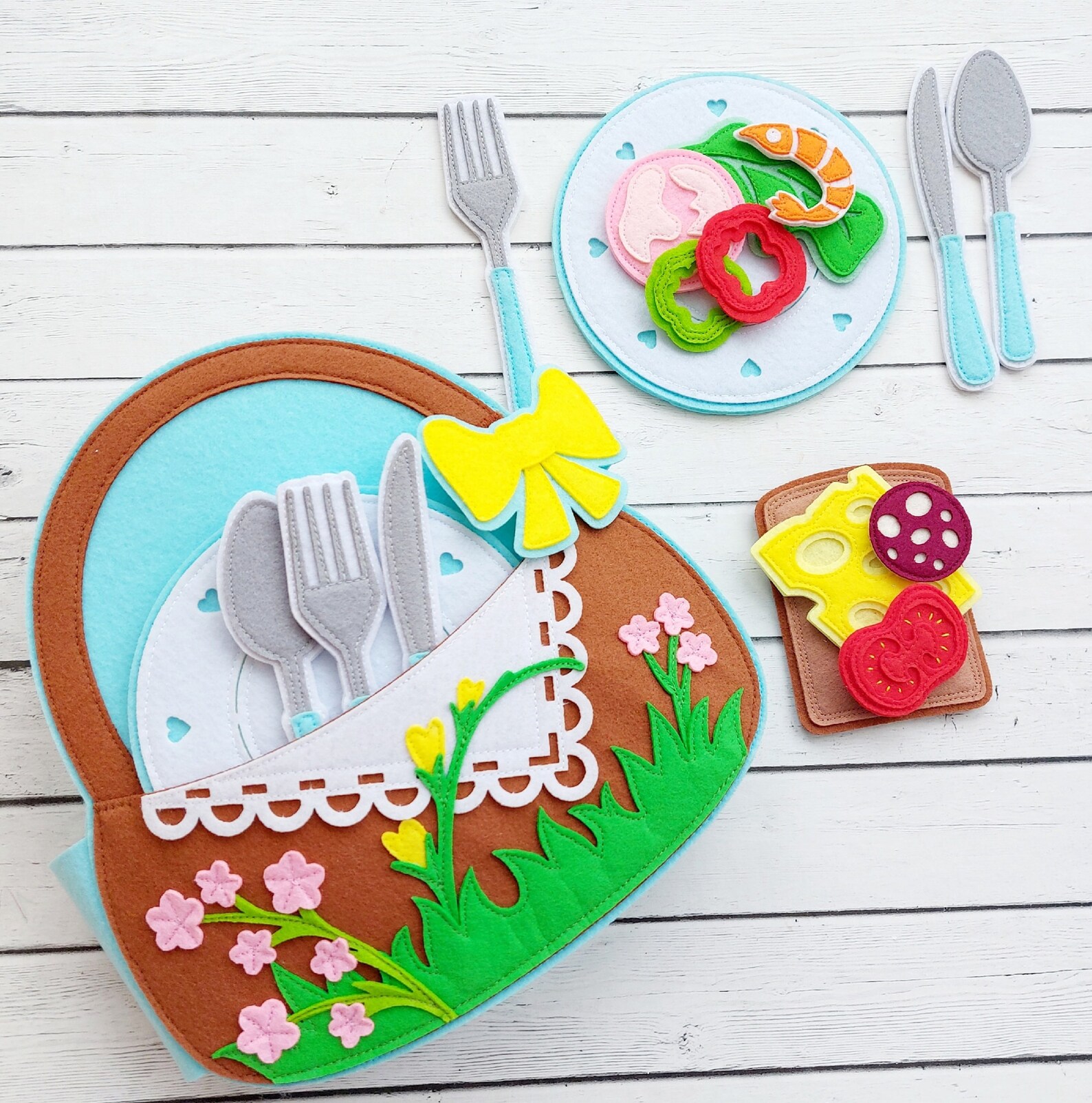 Play Food Set, Picnic Basket, Felt Food Breakfast, Felt Sandwich, Toy ...