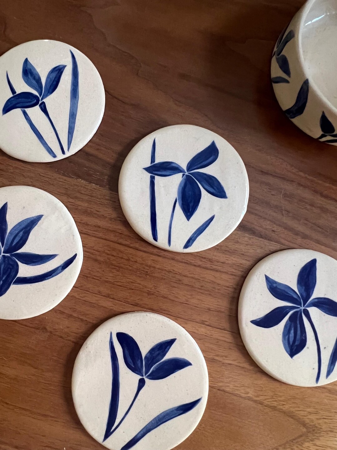 Set of 5 Floral Coasters Plus Stand, Handmade, Hand-painted, Navy Blue ...