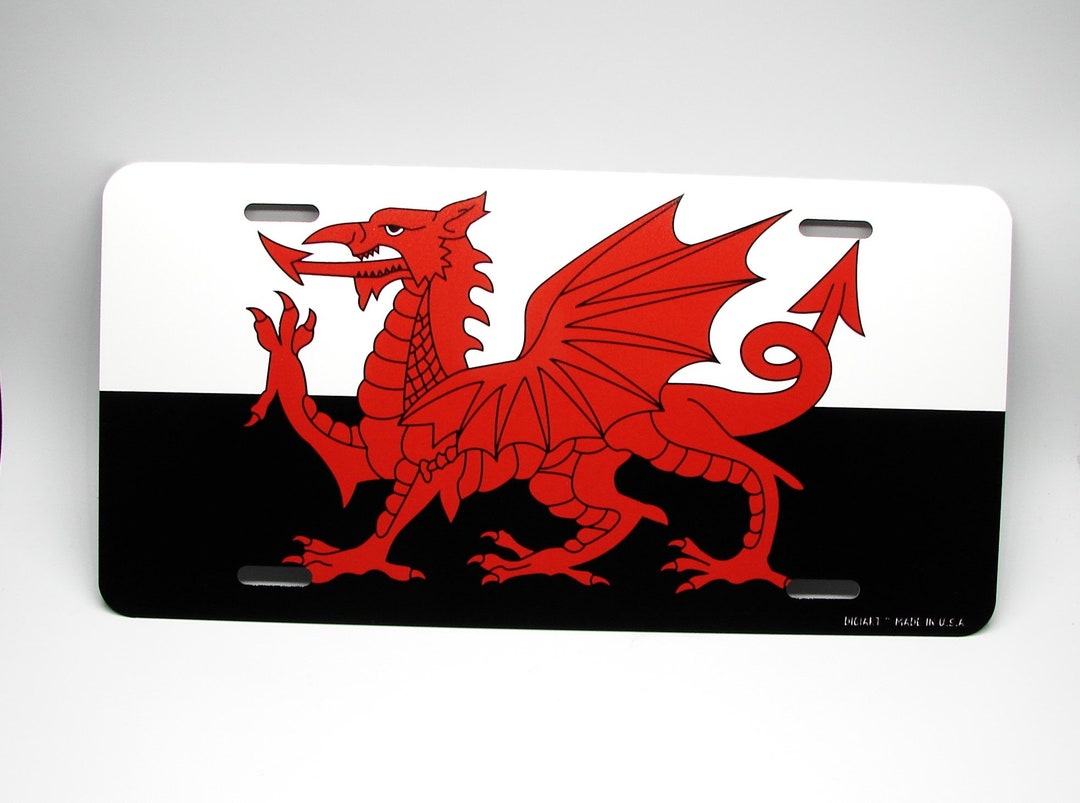 WALES FLAG Welsh Dragon WELSH Flag Black and White Format Metal Car ...