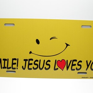 SMILEY EMOJI Happy Face Smile JESUS Loves You Metal Car Novelty License ...