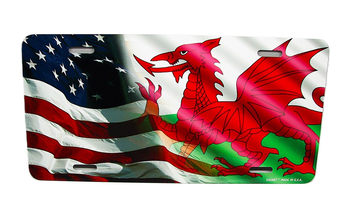 WALES AMERICAN Waving FLAG Welsh Dragon Welsh American Flag Metal Car ...
