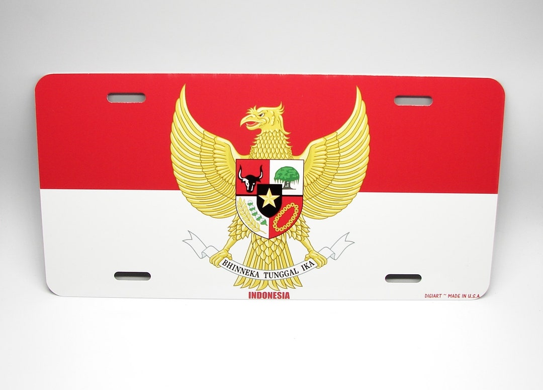 INDONESIAN, INDONESIA FLAG With Coat of Arms Metal Car Novelty License ...