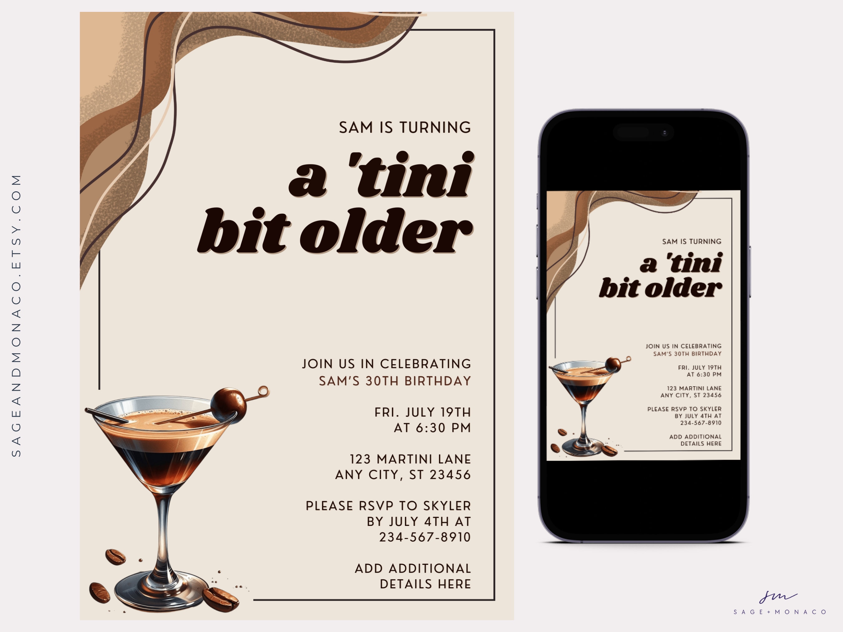 Editable Martini Birthday Invitation, "a Tini Bit Older", Dirty Martini ...