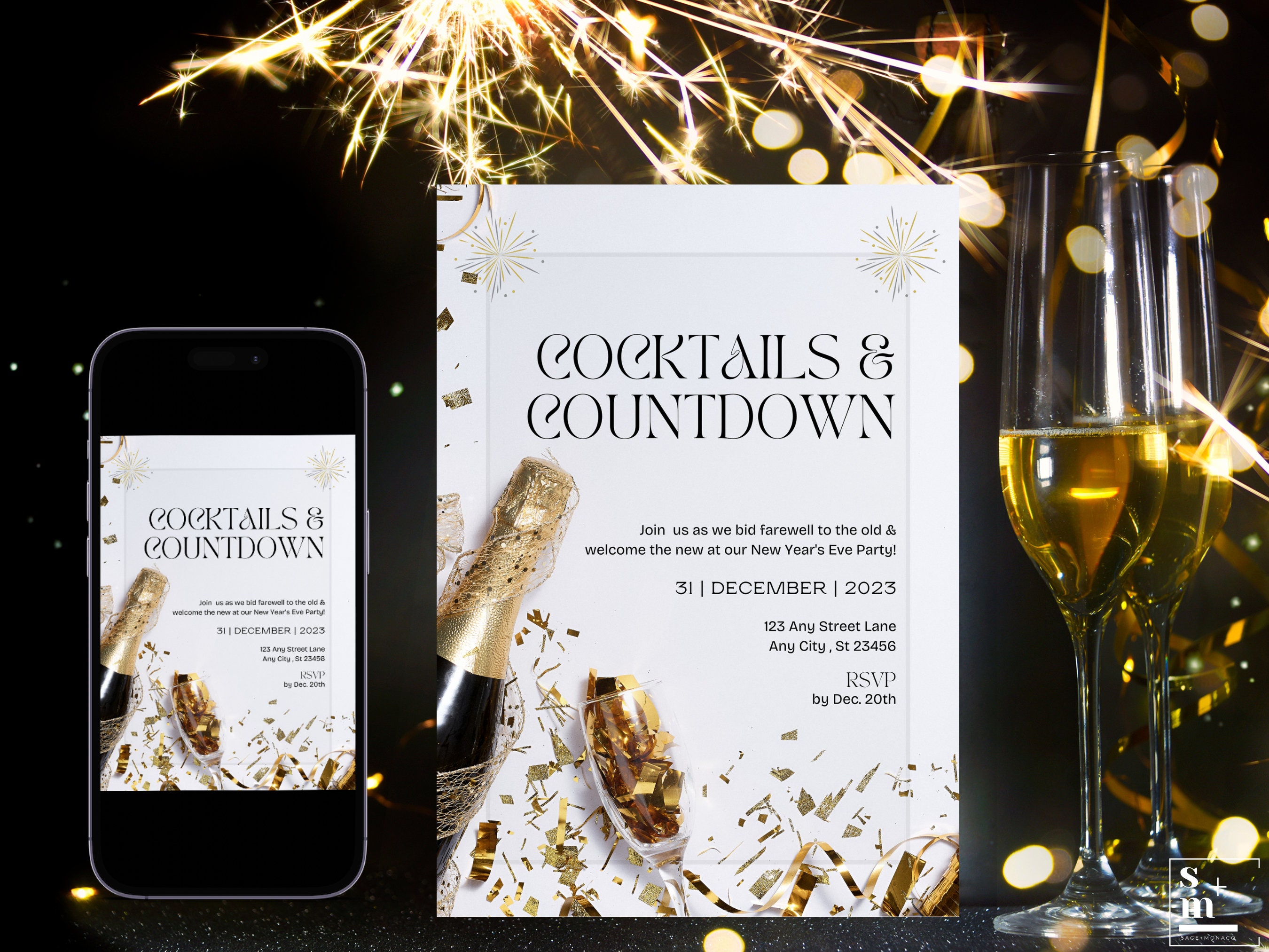 New Year's Eve Party Invitation, Minimal, Elegant, Cocktails ...