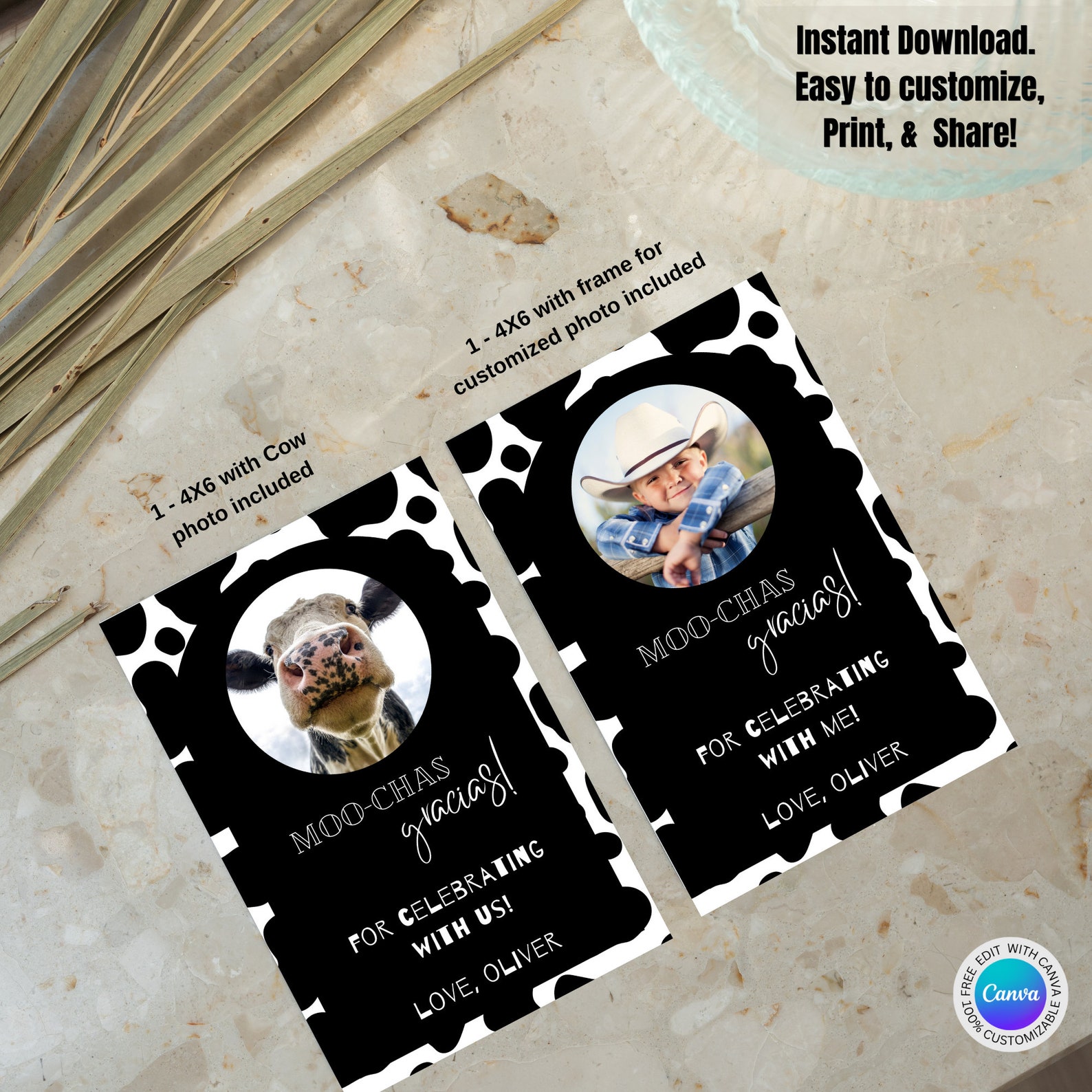 Cow Theme Thank You Card Template. Instant Download, EDITABLE, Moochas ...