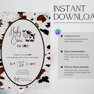 Holy Cow First Birthday Invitation, Cow Print, Editable (digital ...