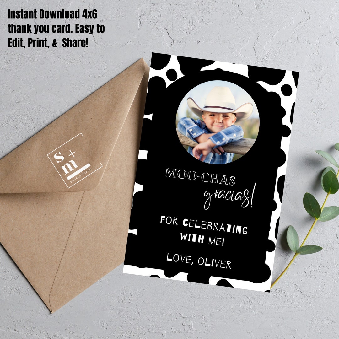 Cow Birthday Thank You Card Template, Moo-chas Gracias (digital ...