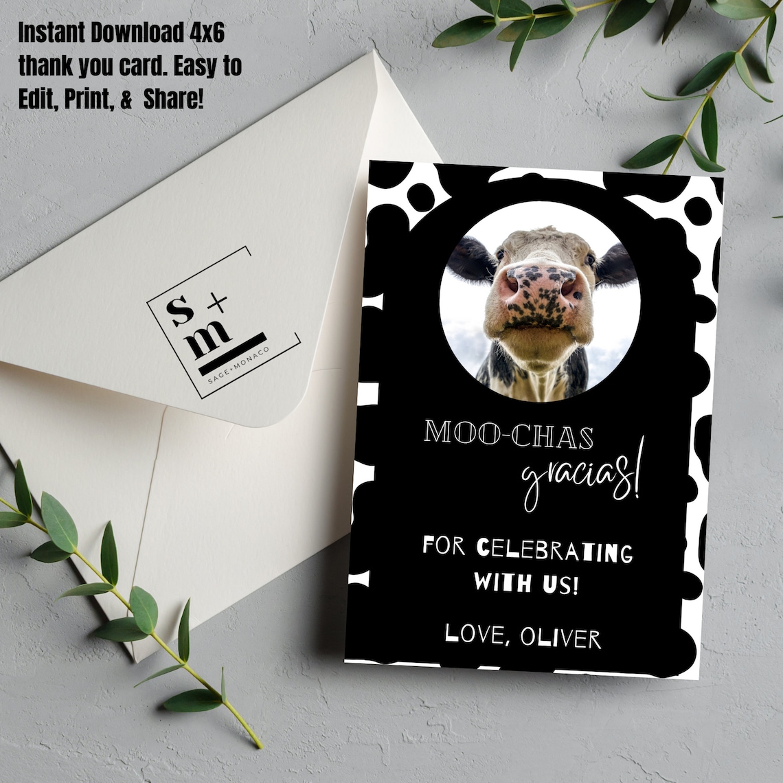 Cow Theme Thank You Card Template. Instant Download, EDITABLE, Moochas ...