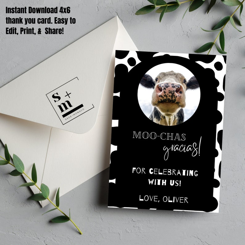 Cow Birthday Thank You Card Template, Moo-chas Gracias (digital ...