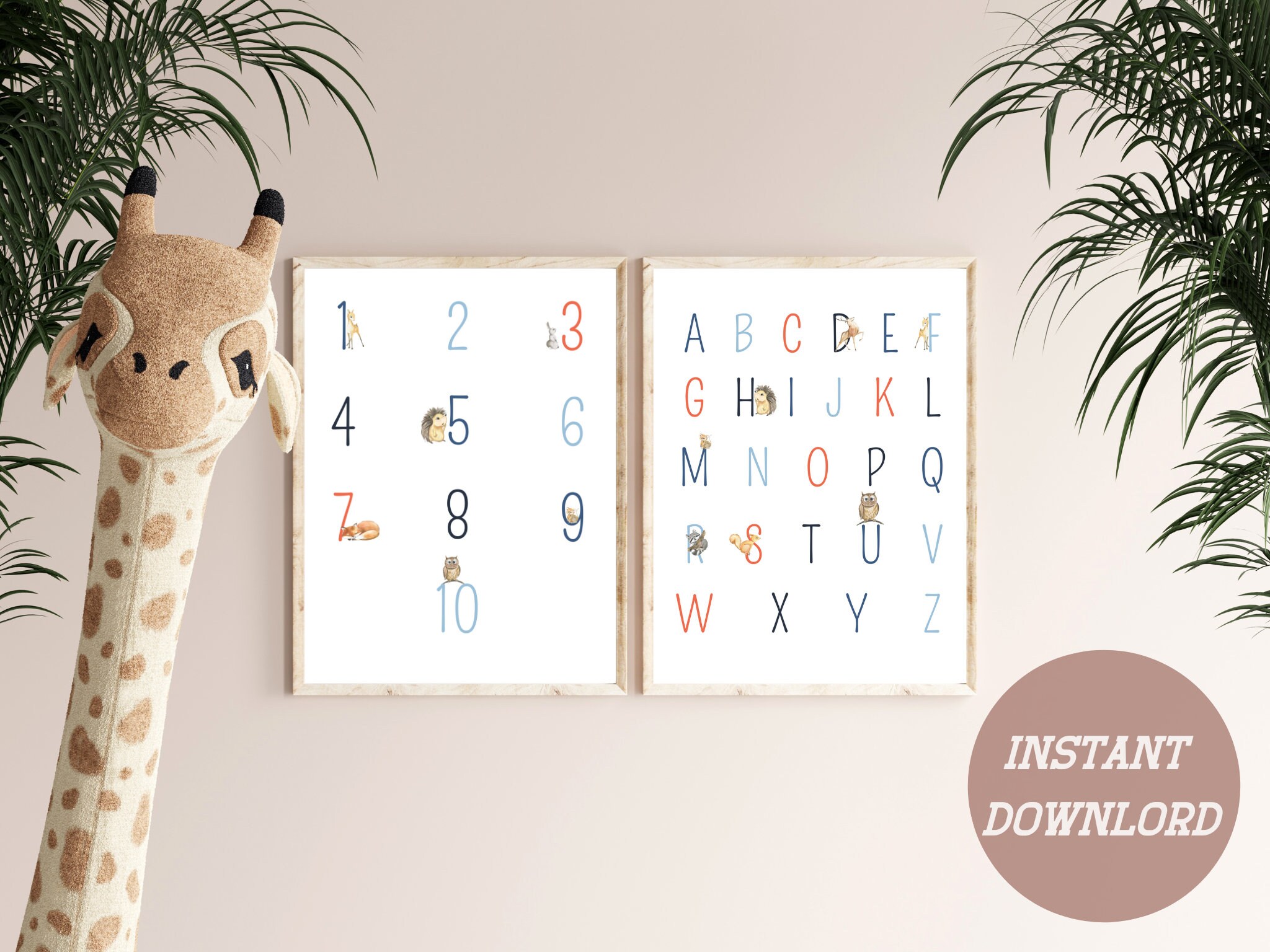 Alphabet and Number Poster for Kids Room, Cute Animals Art, Nursery ...