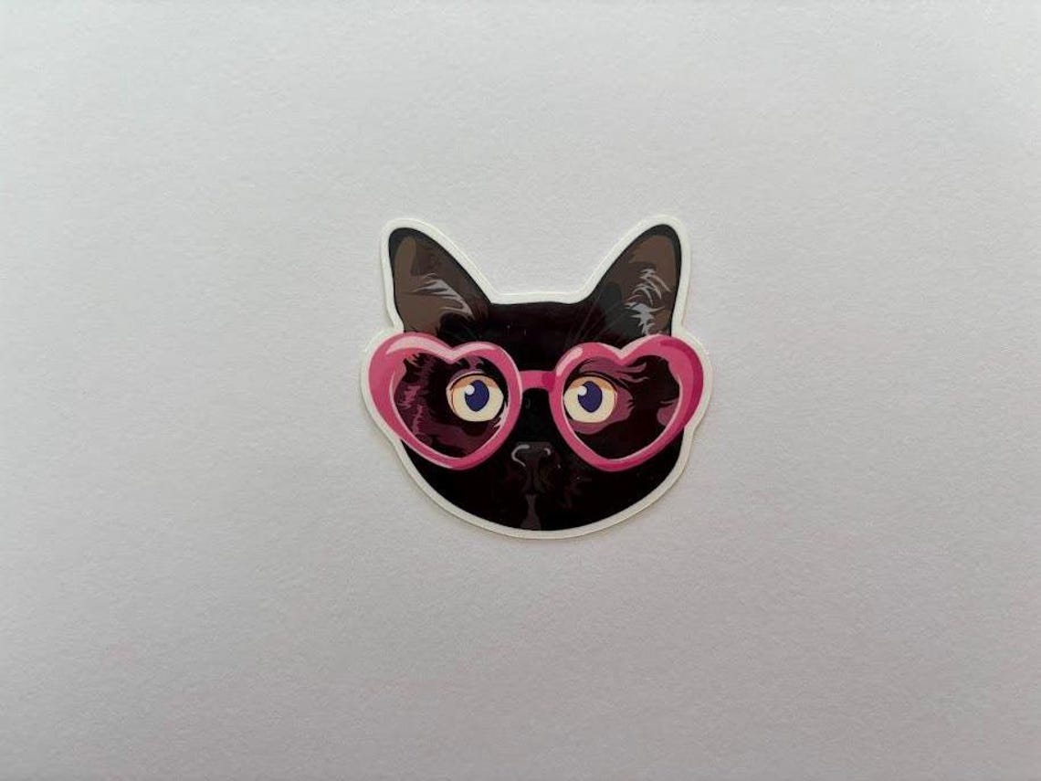 Black Cat With Heart Glasses Vinyl Sticker | Confetti Cove Original - Etsy