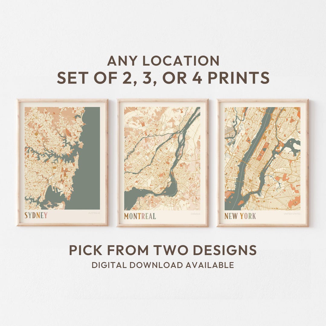 Set of 3 Map Posters, Custom Map Prints Any Location, Set of 4 Any City ...
