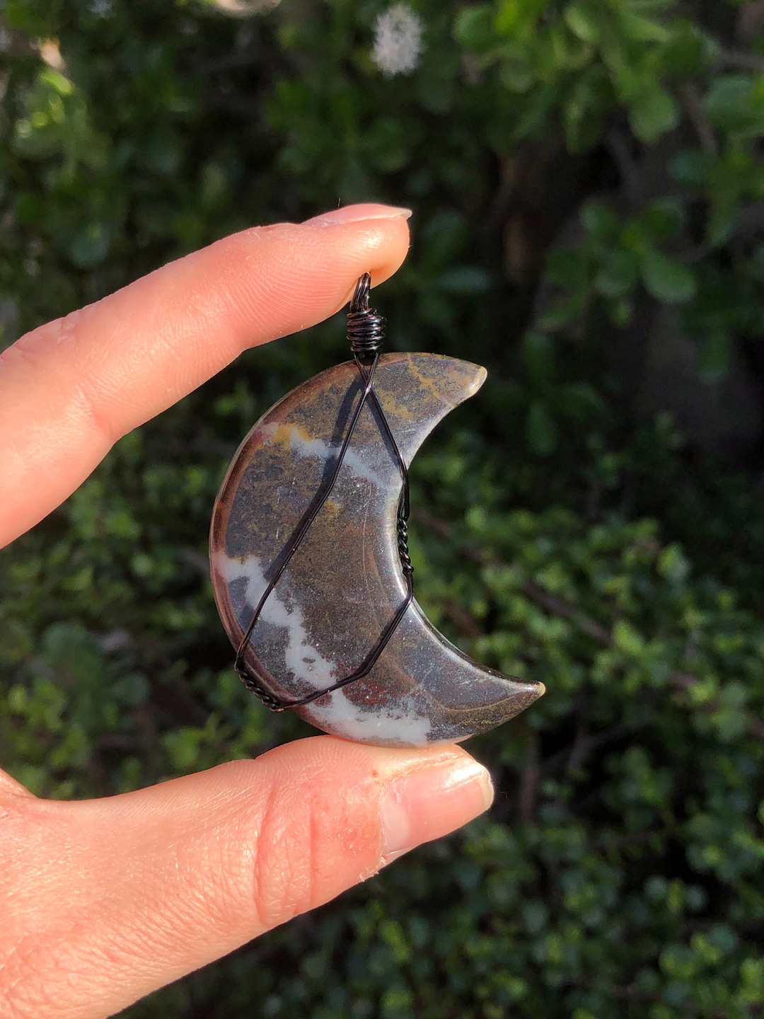 Jasper Hematite Moon Pendant, Wire Wrapped Pendant, Masculine Moon ...