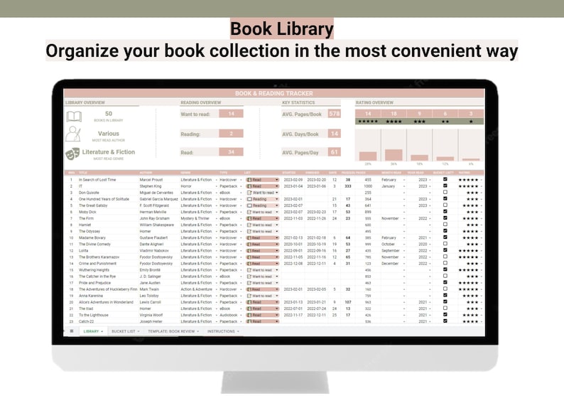 Reading Tracker Digital Book Journal Spreadsheet Template - Etsy