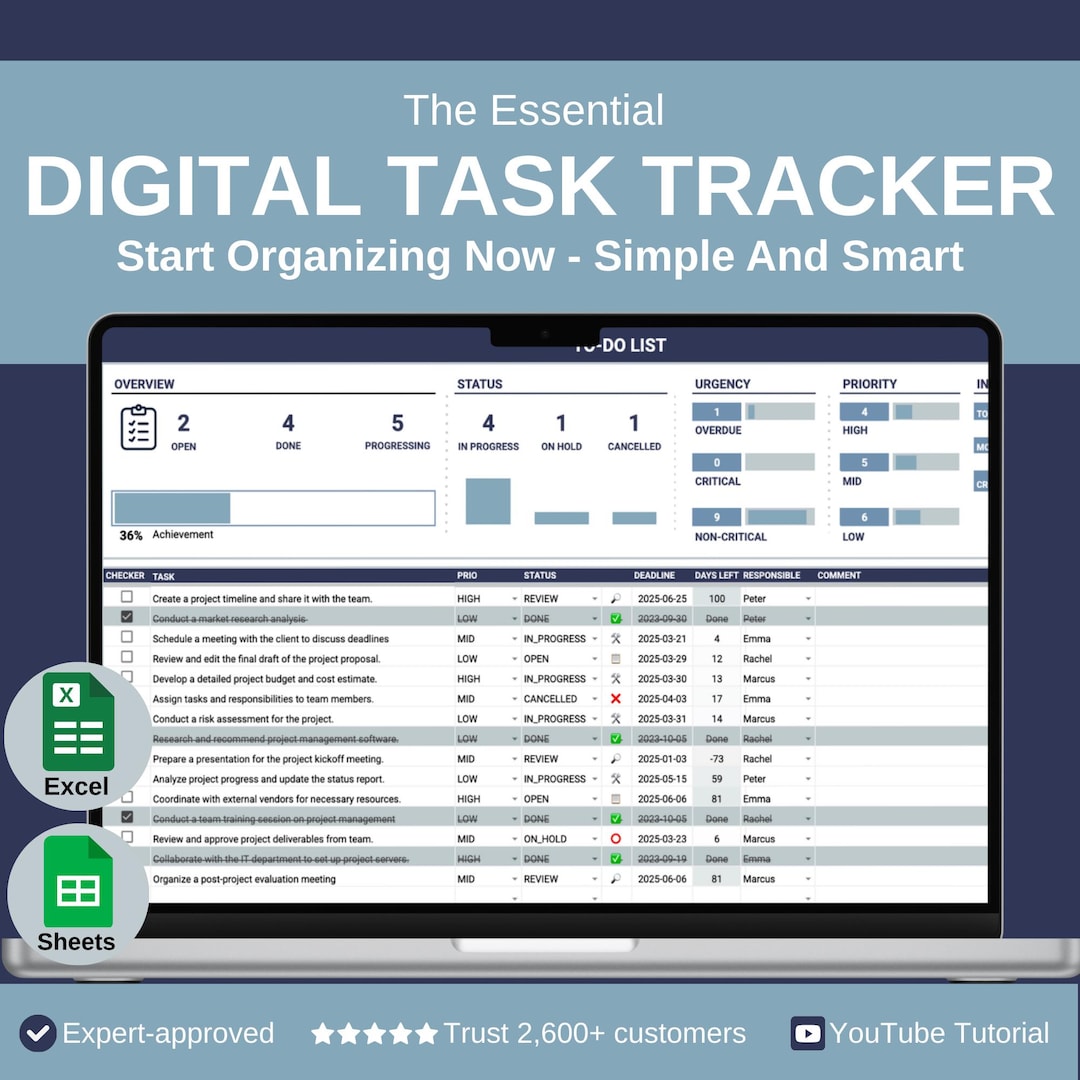 Digital Task Tracker Template – To-do List and Productivity Tool (excel ...