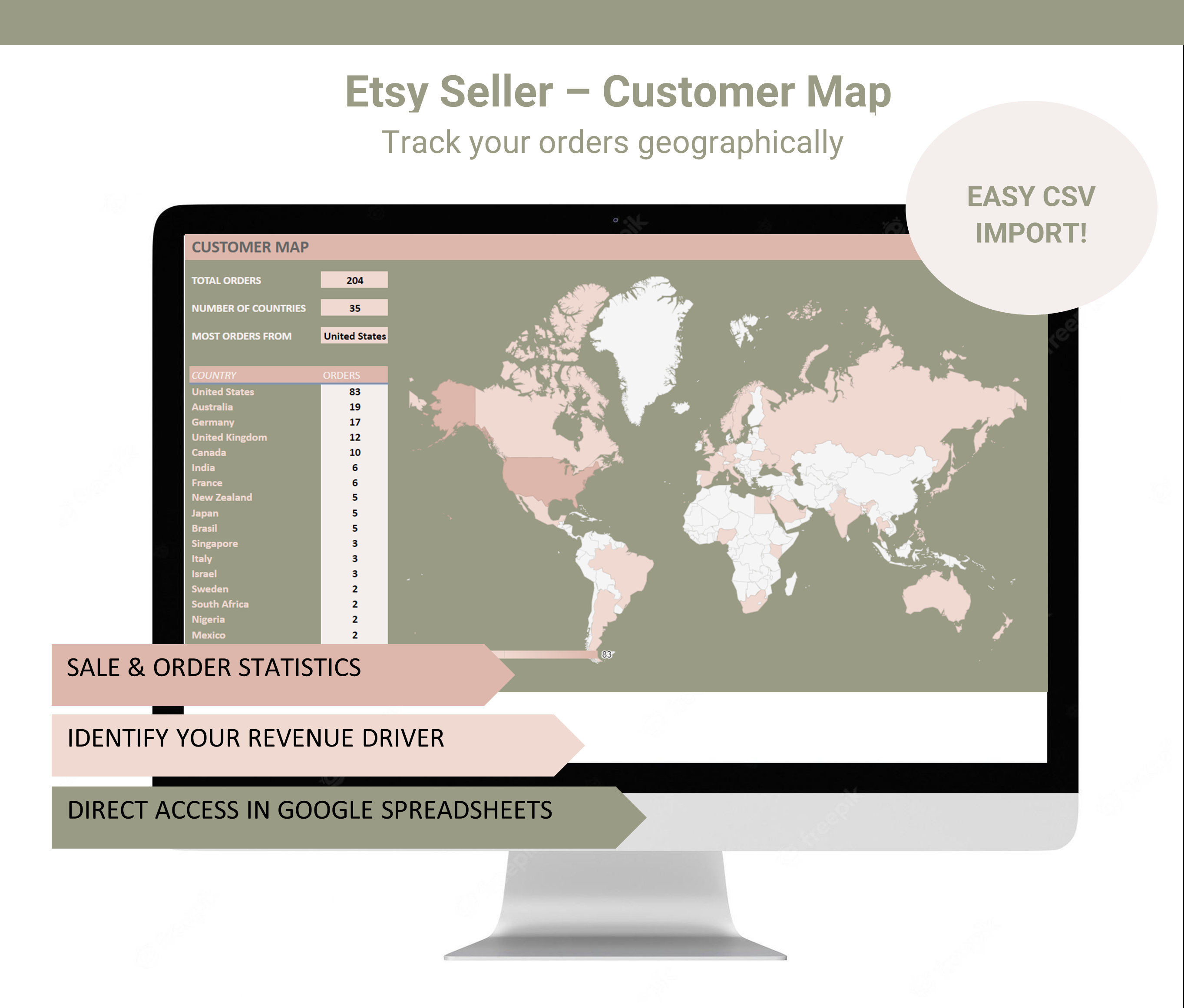 Etsy Seller Customer World Map Sales Tracker Google Spreadsheet ...