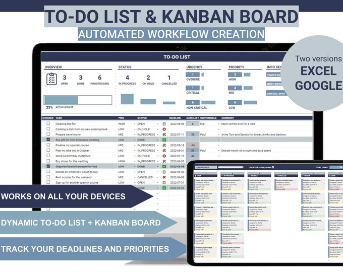 Kanban Board Excel Template Task Tracker Project Management Gantt Chart to Do List Calendar ...