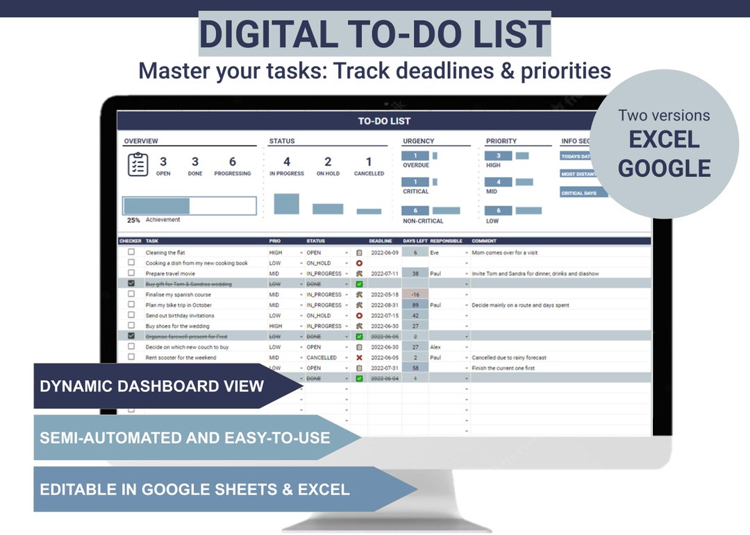 TO-DO LIST Digital Spreadsheet Excel Template Collaborative & Semi ...
