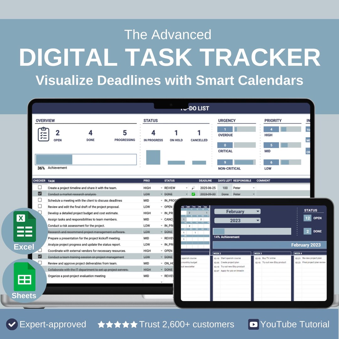 Advanced Task Tracker Template (excel & Google Sheets) - Daily Planner ...