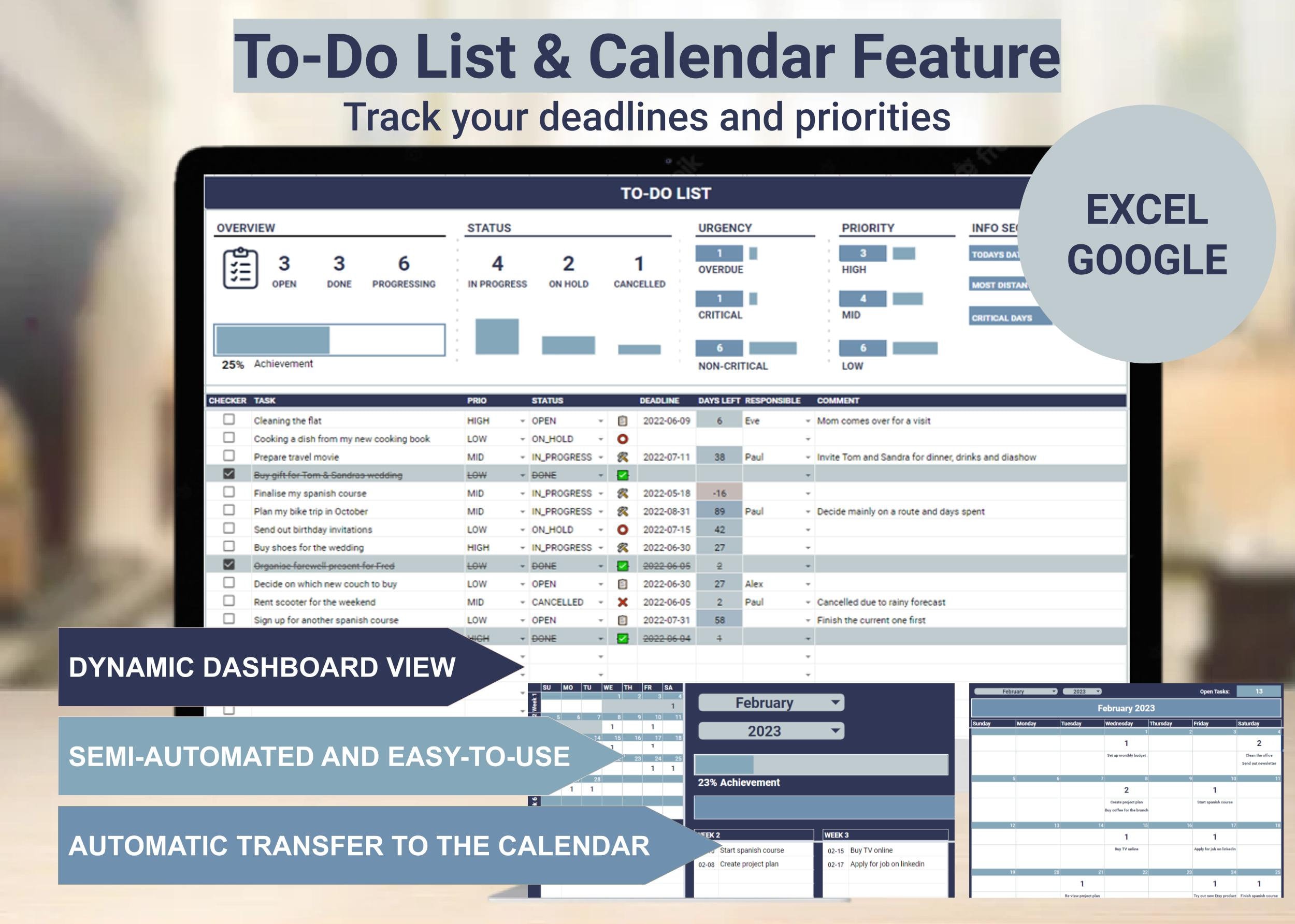 TO-DO LIST + Calendar | Digital | Google Spreadsheet | Excel Template ...
