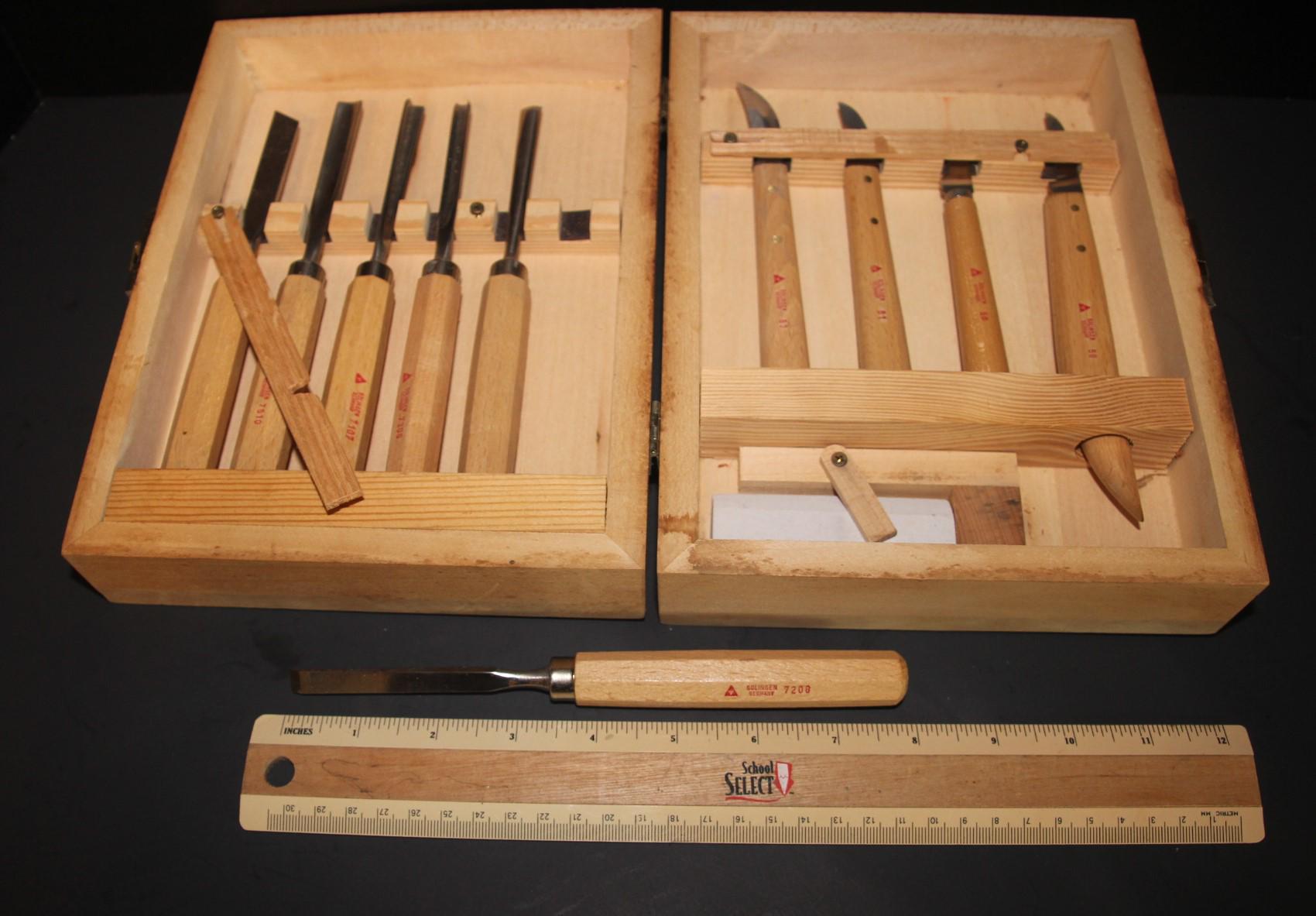 Complete Solingen Germany Wood Chisel Set in Sturdy Wood Case. 10 Chisels and Sharpening Stone ...