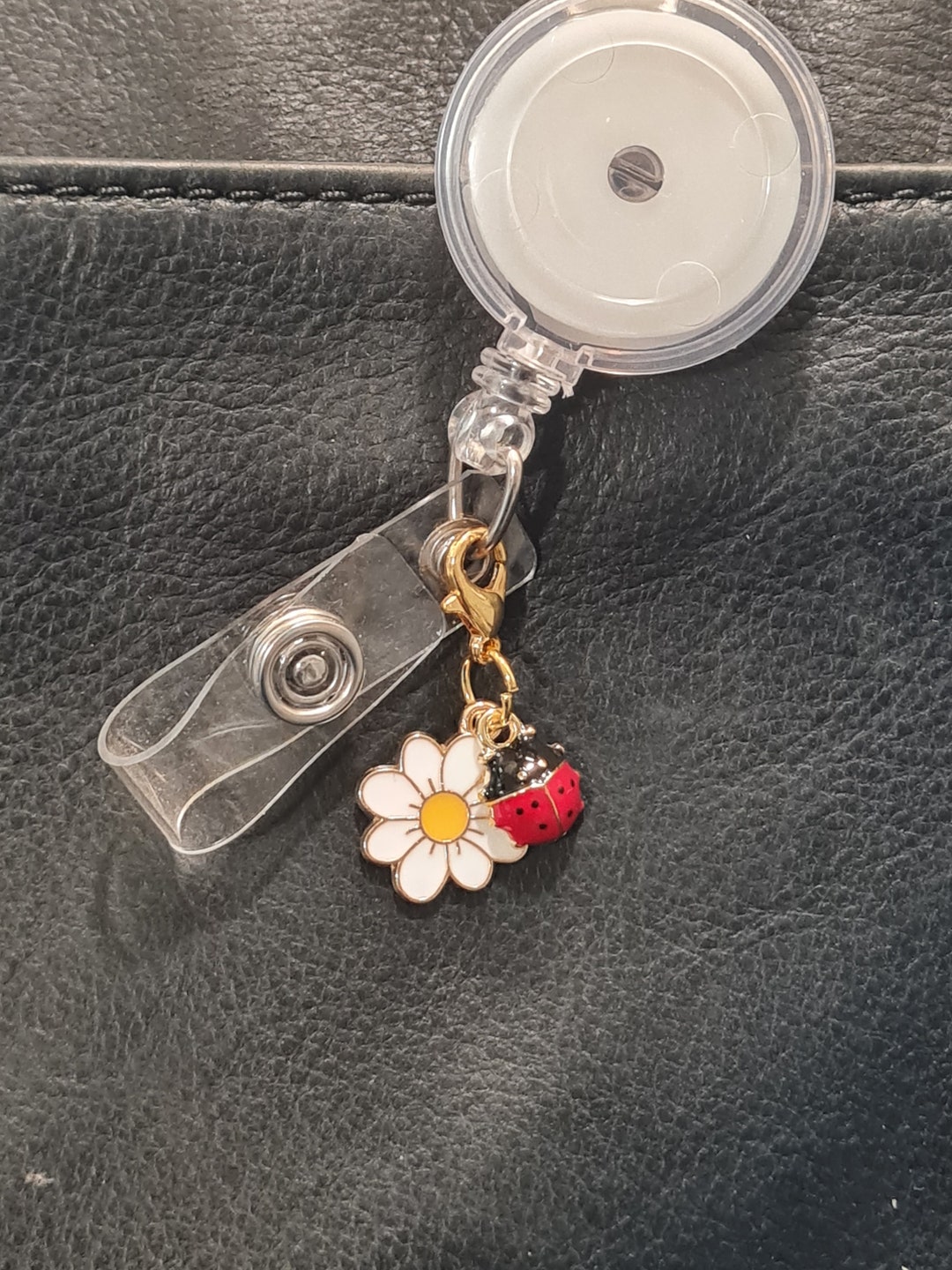 Lady Bug With Daisy ~ ID Badge Reel Charm ~ Custom Made Charms ~ Badge ...