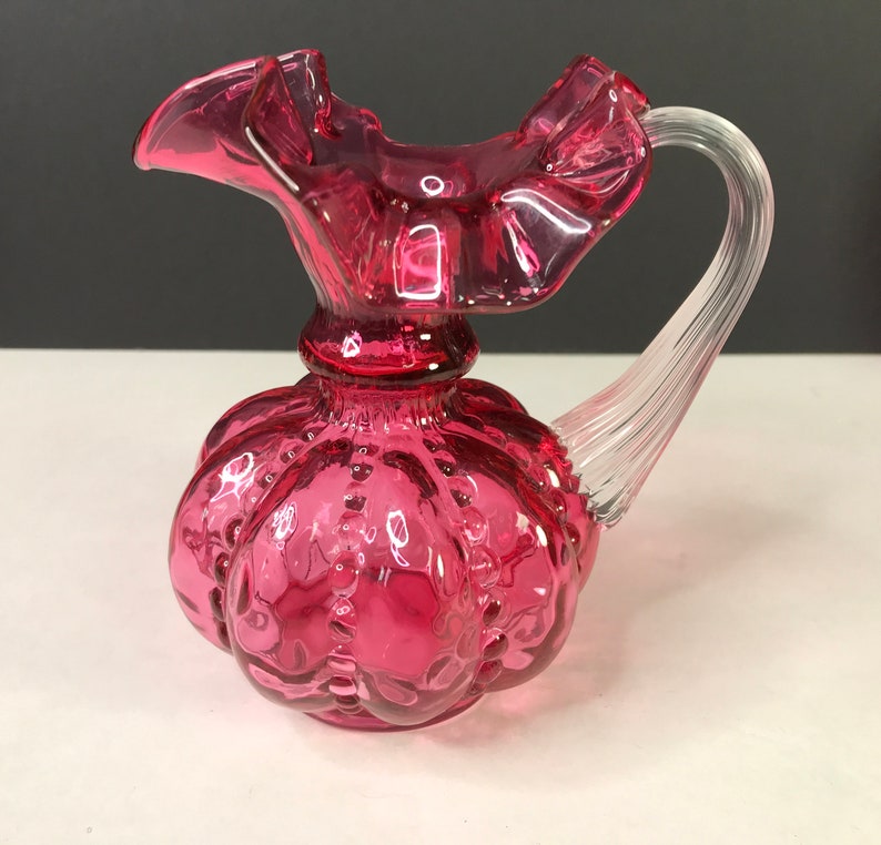 Vintage Fenton Cranberry Glass Pitcher, Beaded Daisy Ruffle Top - Etsy