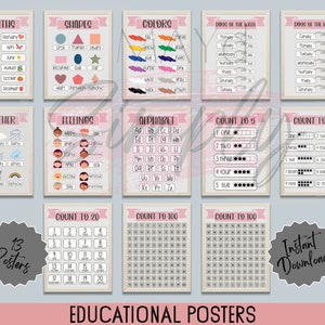 Educational Wall Art, Set of 13 Posters, Alphabet, Numbers, Shapes ...