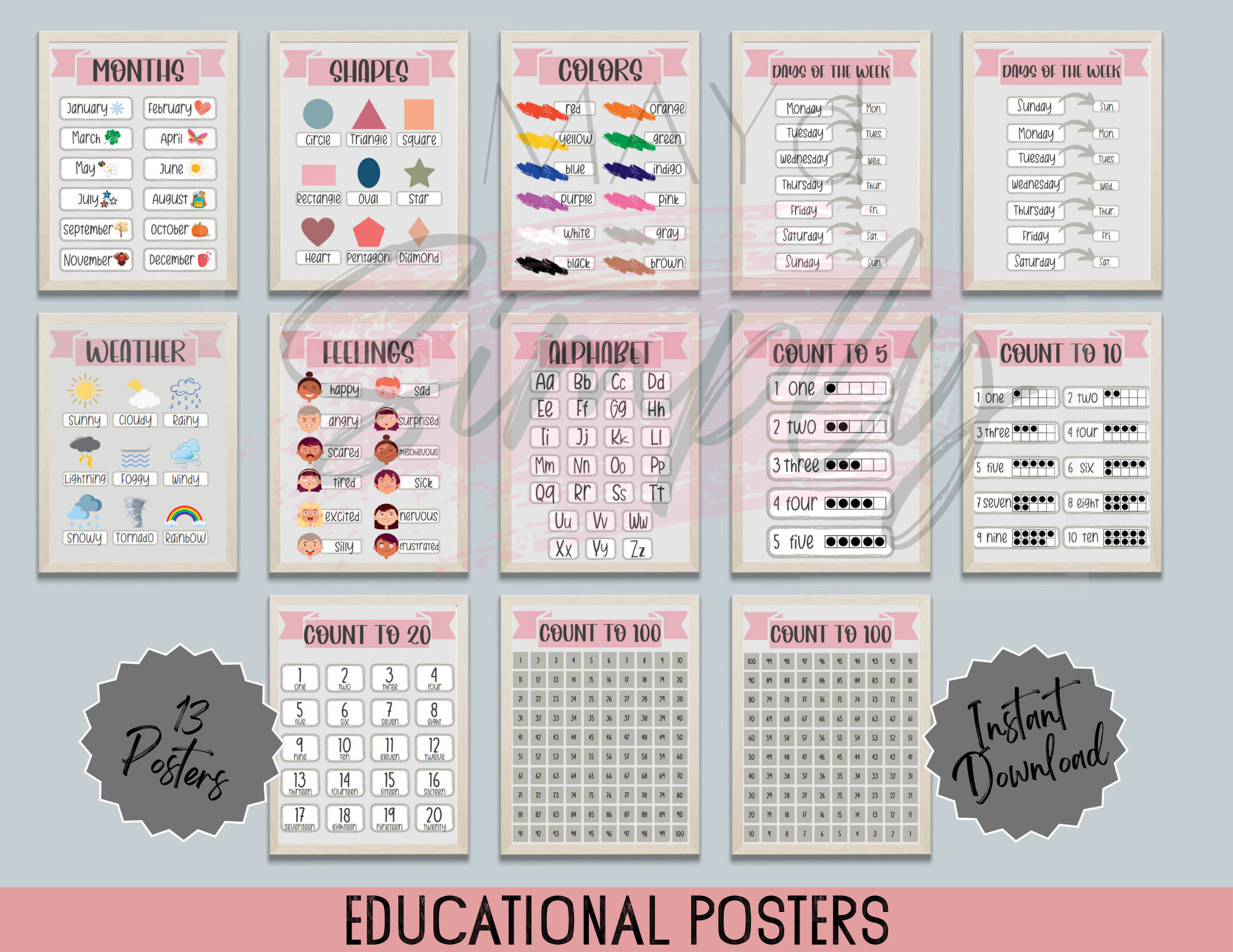 Educational Wall Art, Set of 13 Posters, Alphabet, Numbers, Shapes ...
