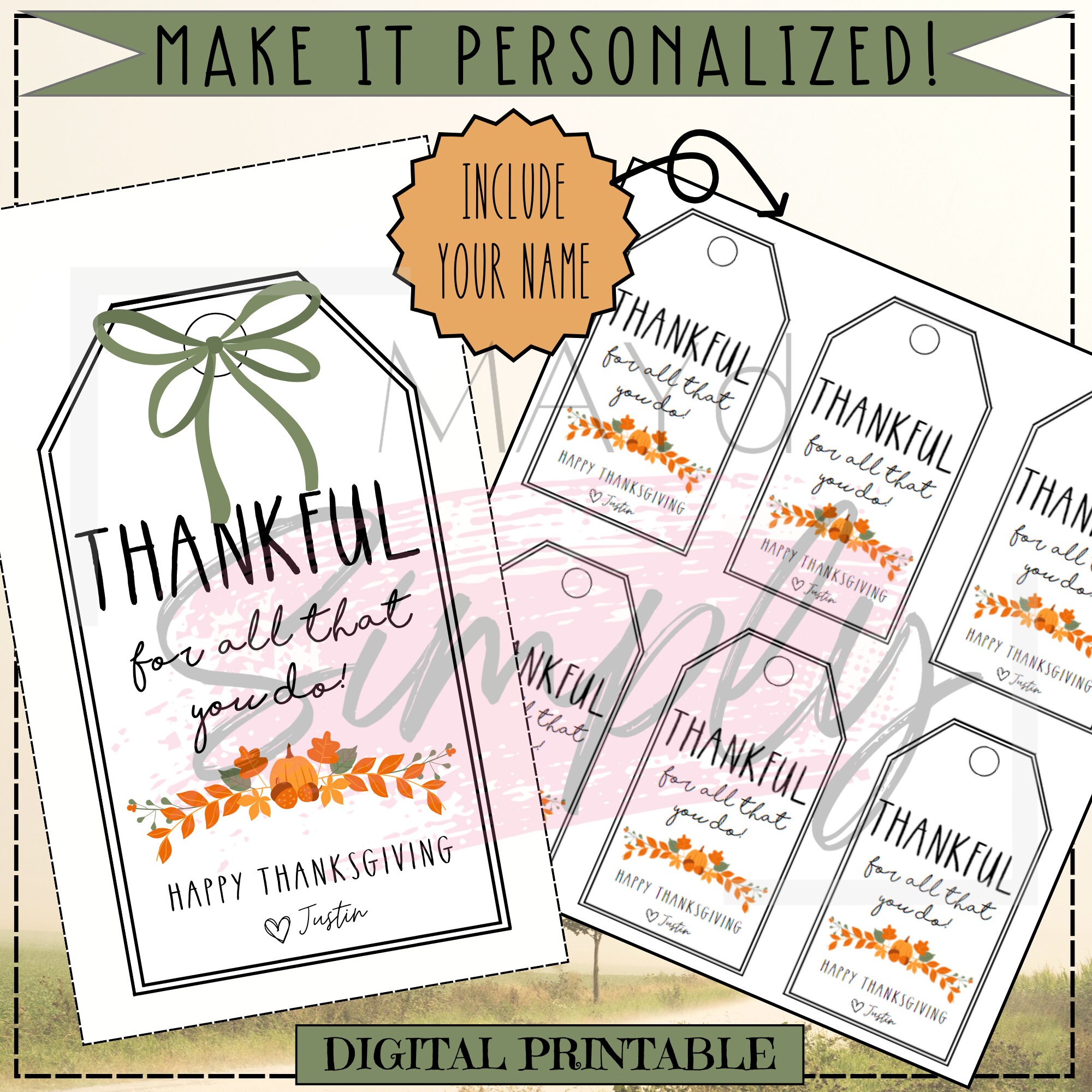 PERSONALIZED Fall Gift Tag, Thankful for All That You Do, Pumpkin ...