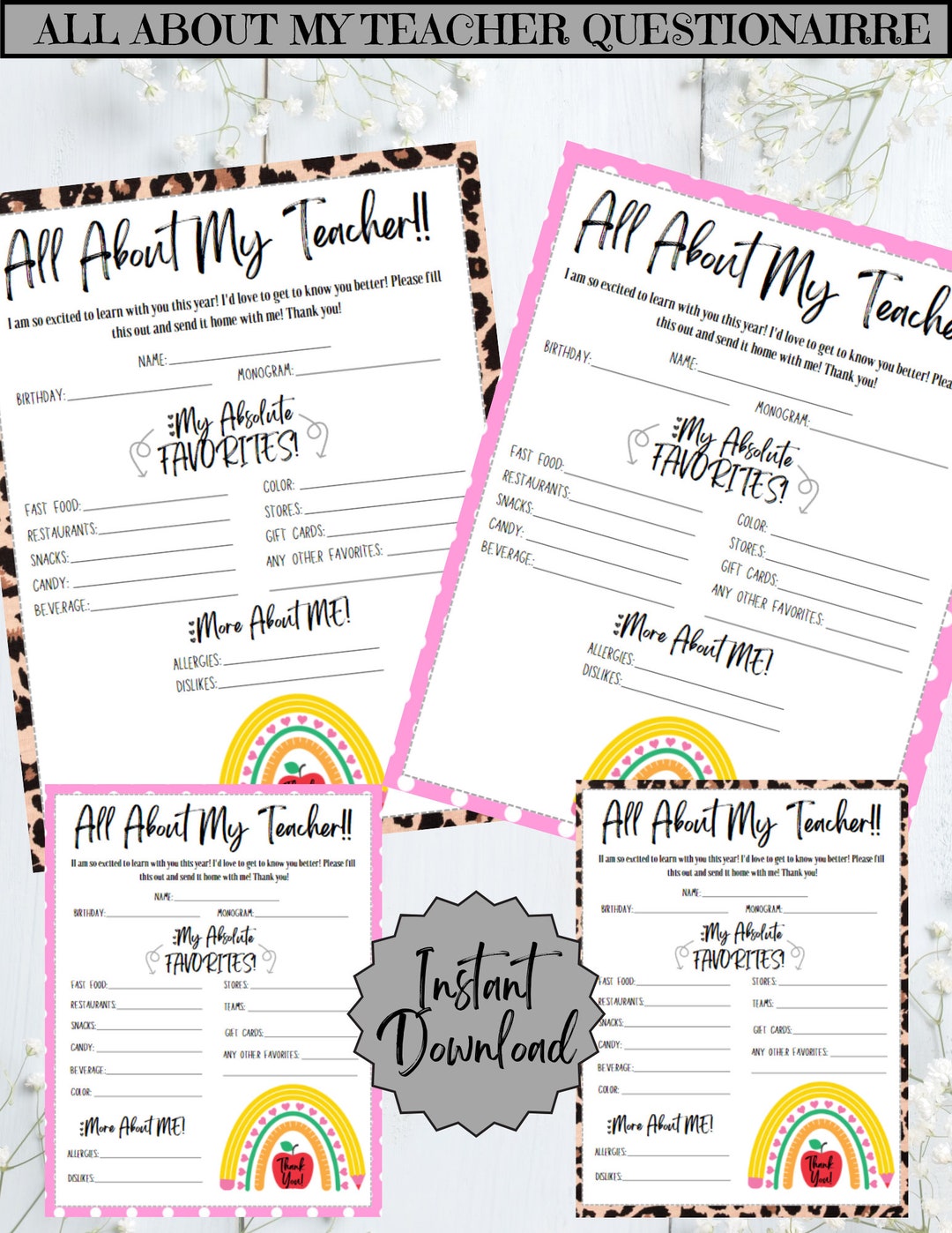 All About Teacher Questionnaire - Back to School - Teacher Appreciation ...