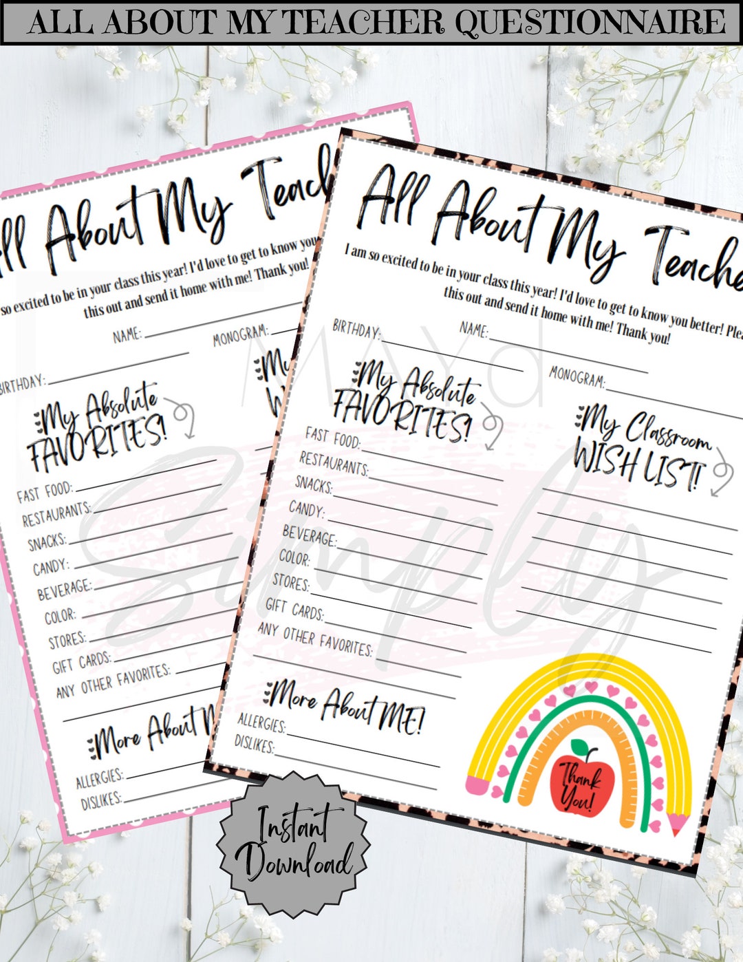 All About Teacher Questionnaire - Back to School - Teacher Appreciation ...