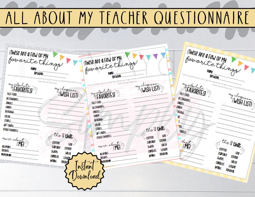 All About Teacher Questionnaire - Back to School - Teacher Appreciation ...