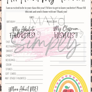 All About Teacher Questionnaire - Back to School - Teacher Appreciation ...