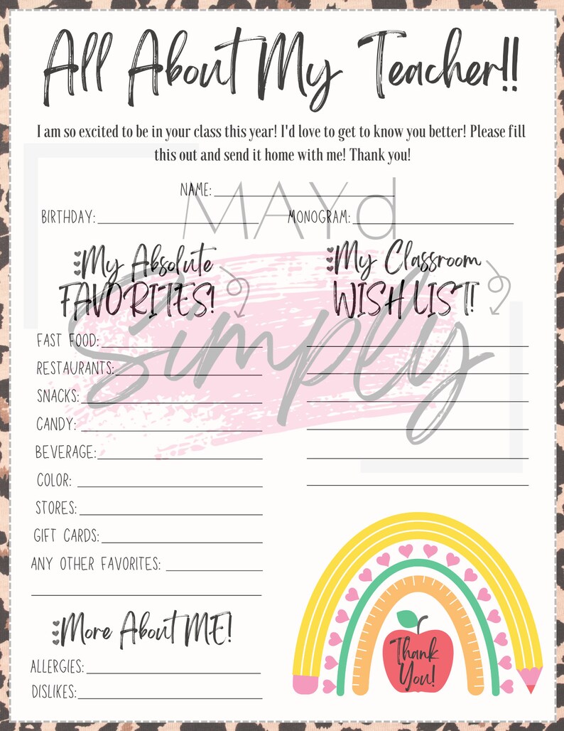 All About Teacher Questionnaire - Back to School - Teacher Appreciation ...