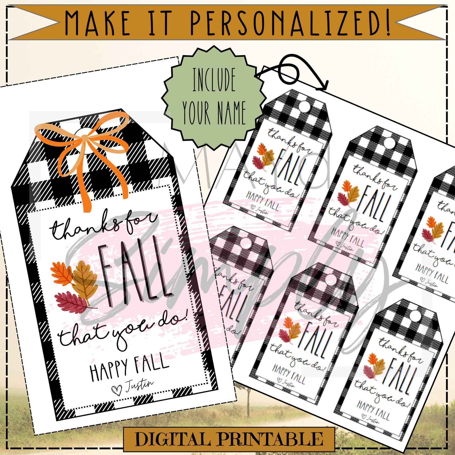 PERSONALIZED Fall Gift Tag, Thanks for FALL That You Do, Plaid, Leaves ...