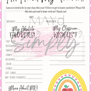 All About Teacher Questionnaire - Back to School - Teacher Appreciation ...