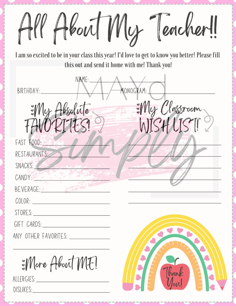All About Teacher Questionnaire - Back to School - Teacher Appreciation ...