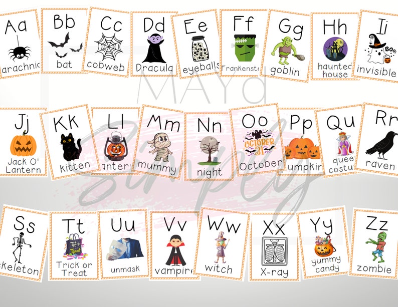 Halloween ABC Alphabet Posters and Flash Cards, Educational ABC Set ...