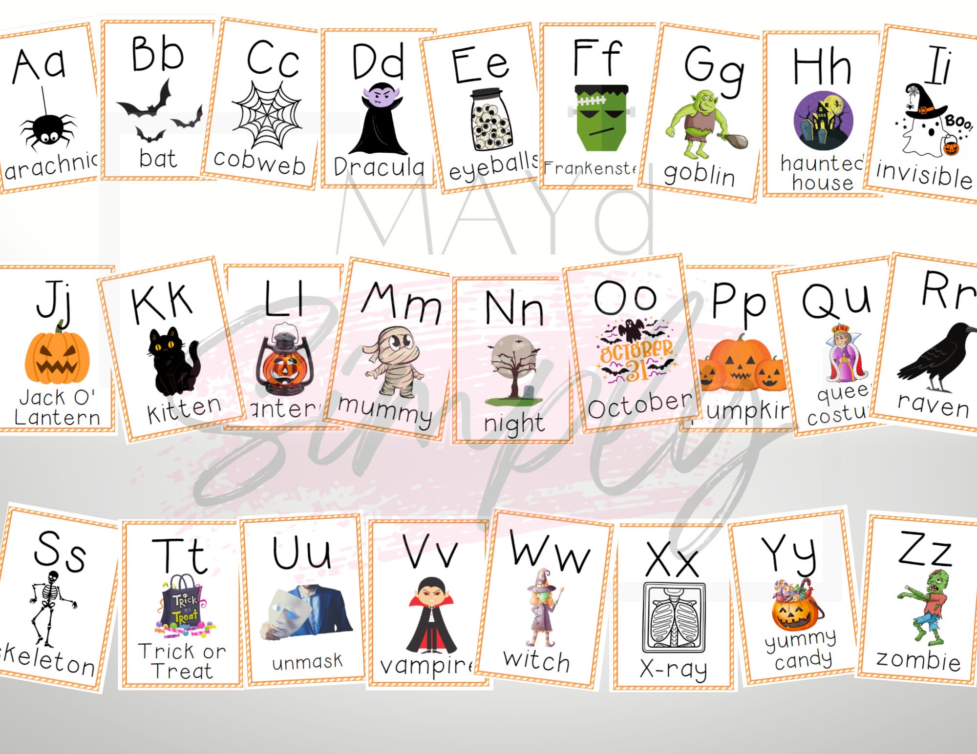 Halloween ABC Alphabet Posters and Flash Cards, Educational ABC Set ...