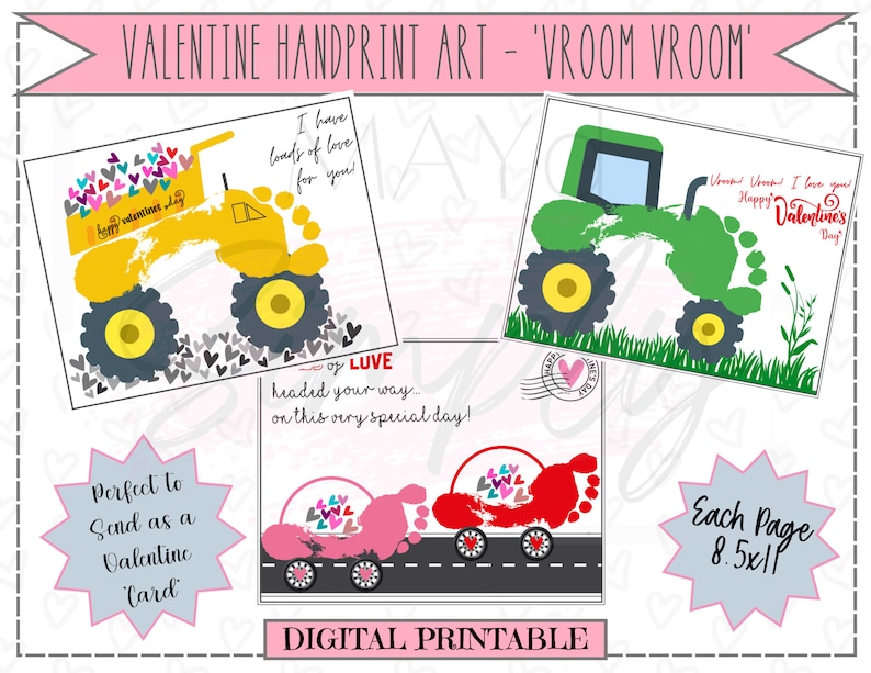 Valentine Handprint Art and Craft - Tractor, Dump Truck, Car, Three ...