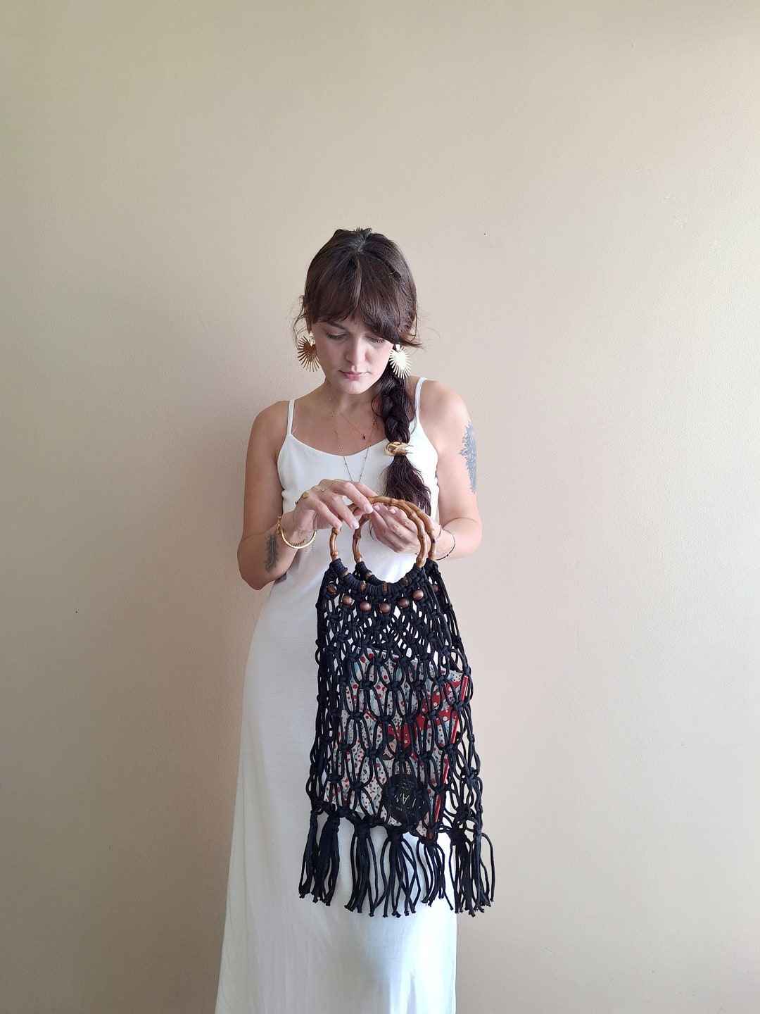 Macrame Mesh Bag, Woman Bag, Mesh Handbags, Wooden Handle Mesh Bag ...